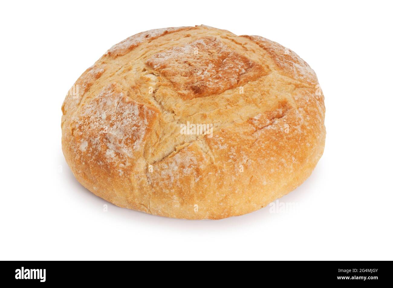 Studio shot of stone baked boule loaf of bread cut out against a white ...