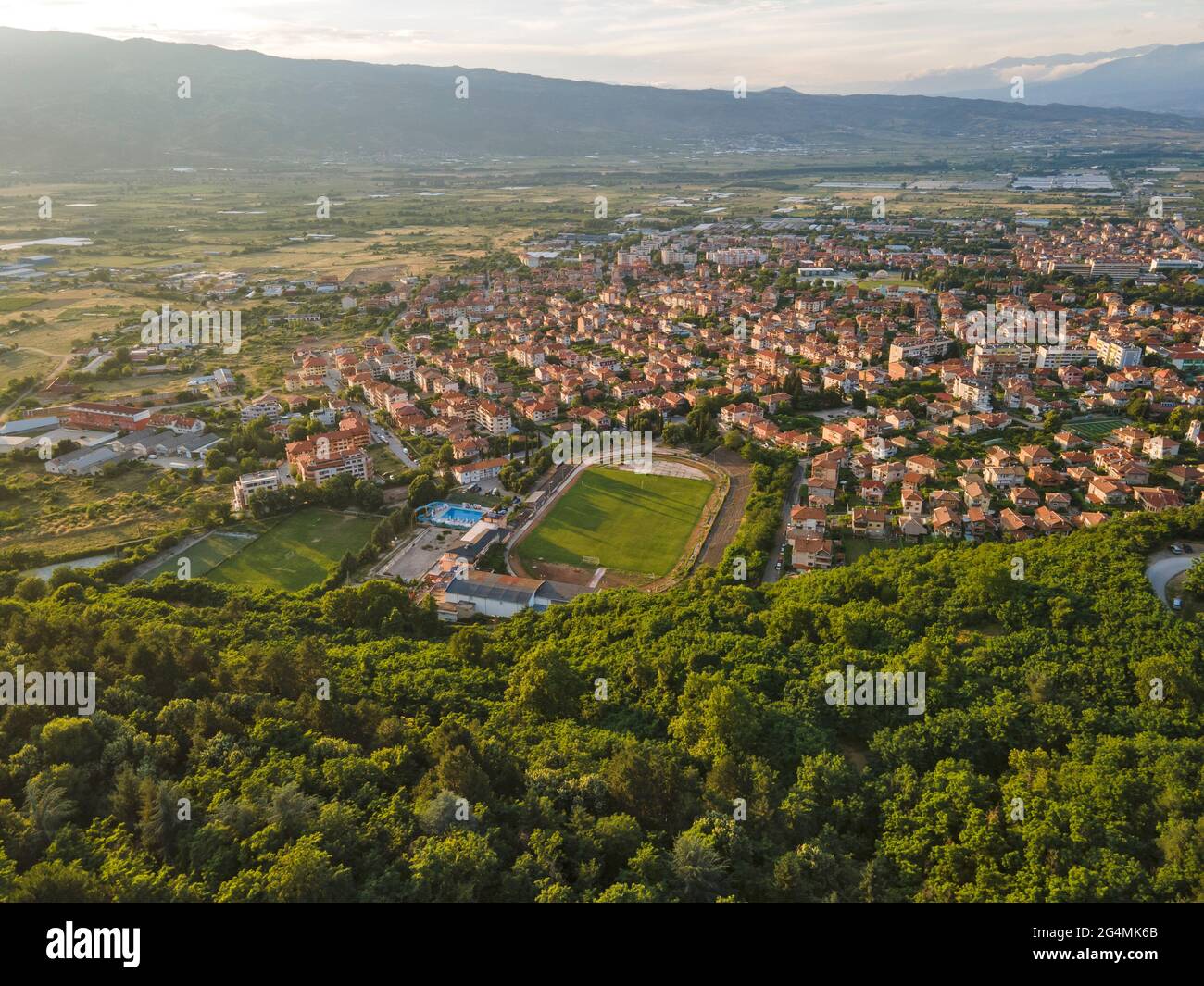 Aerial Sunset view of town of Petrich, Blagoevgrad region, Bulgaria ...