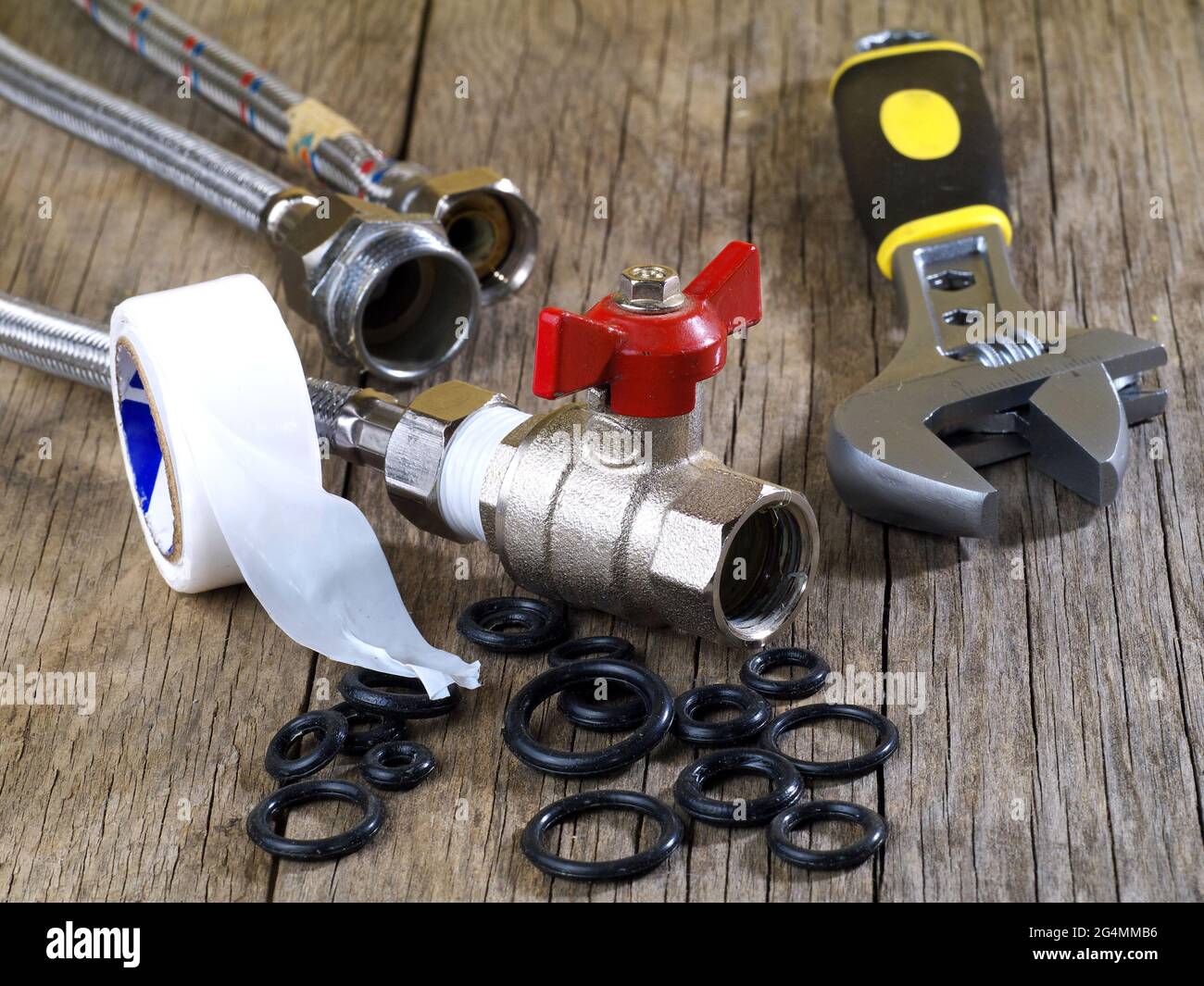 flexible fitting, ball valve and adjustable wrench Stock Photo - Alamy