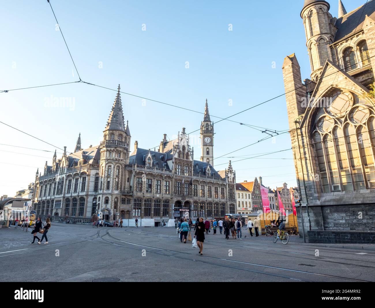 Ghent city scenes in Belgium, residential buildings, church, attractive ...