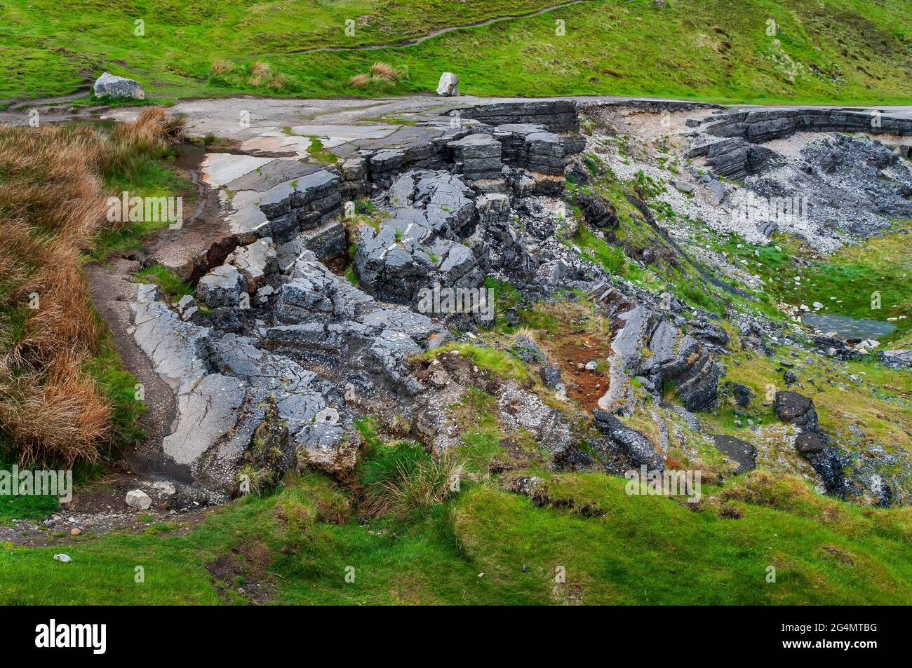 The collapsed road on the flanks of Mam Tor in Castleton, Hope Valley ...