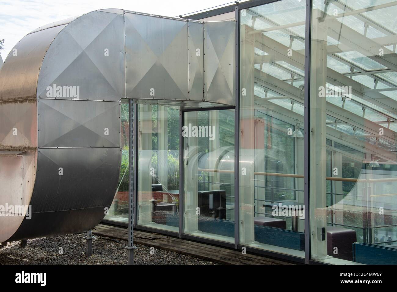 an air condition system with a large duct of stainless steel at a glass ...
