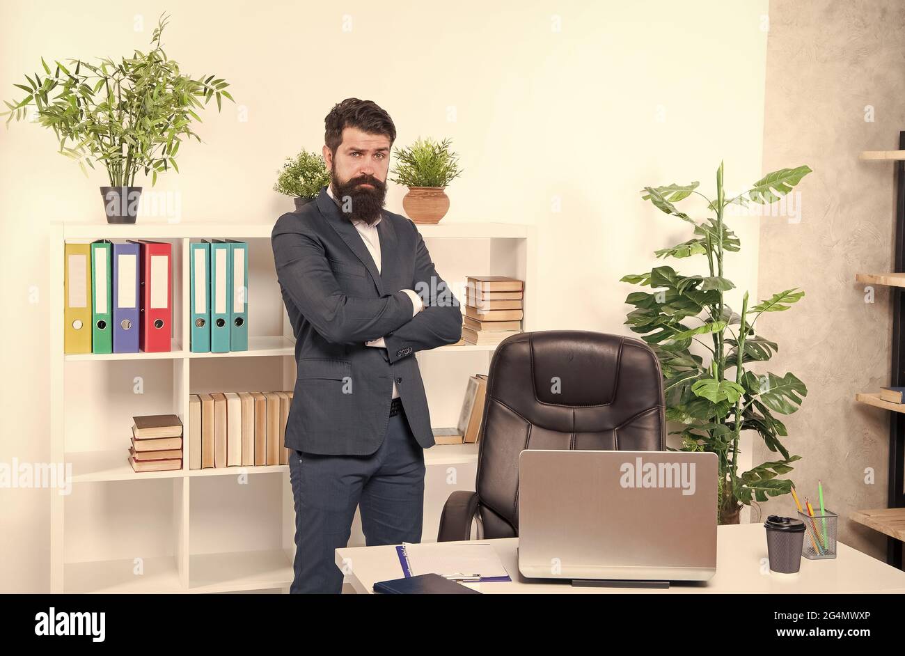 Man handsome office worker formal style clothes returning to workplace ...