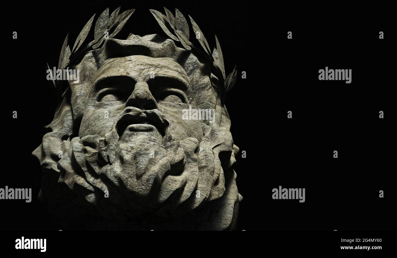 3d render illustration of stone greek god Zeus face on black background ...