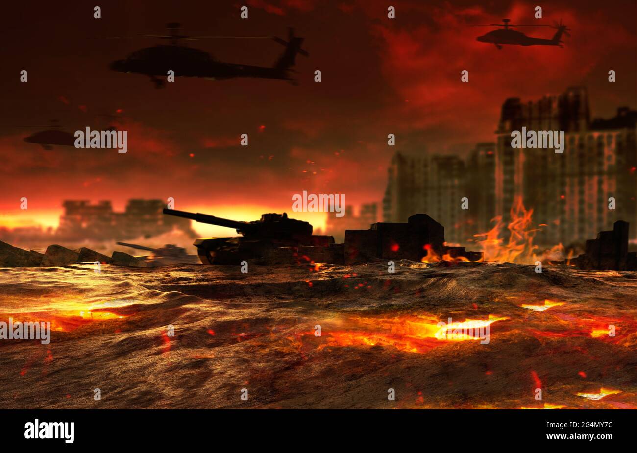 3d render illustration of burning battlefield with tanks and ...
