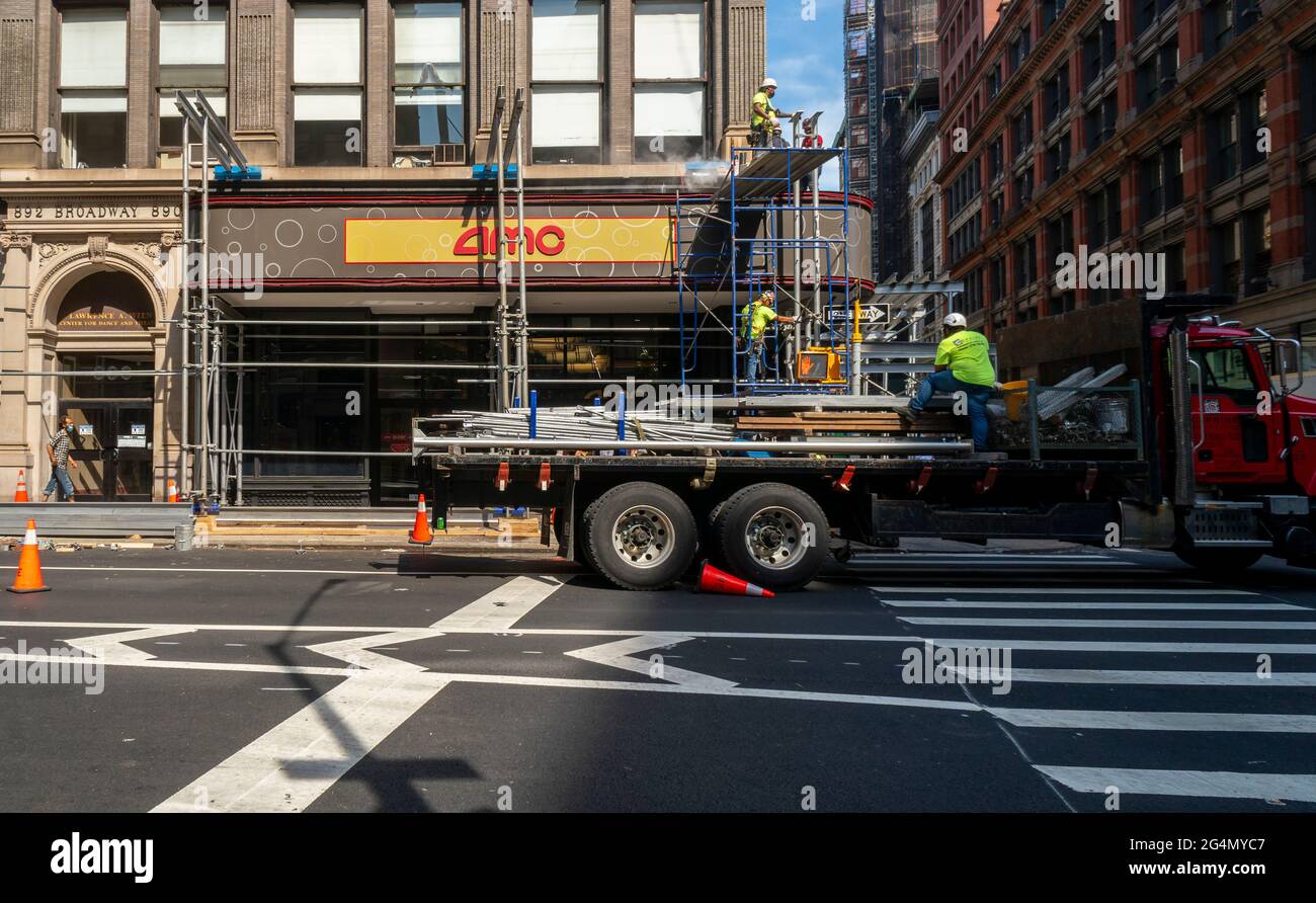 Scaffolding over the AMC theater in New York on Monday, June 21, 2021 ...