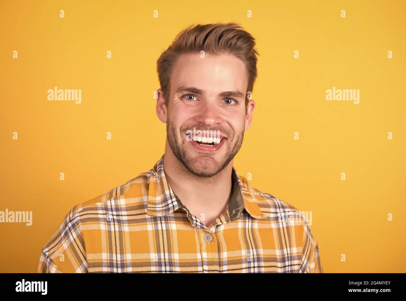 Dental care you trust. Happy guy smile yellow background. Handsome guy ...