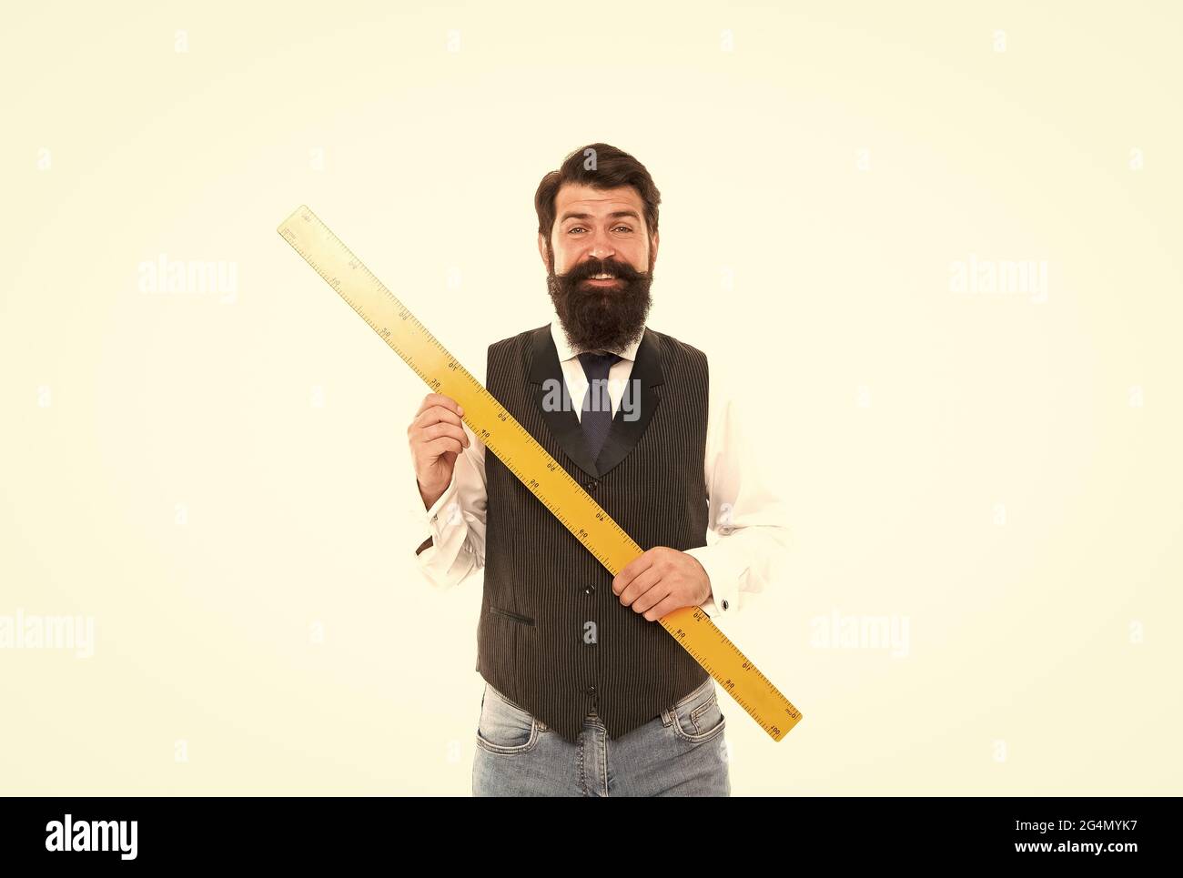 Happy school or university male teacher hold measuring tool for ...