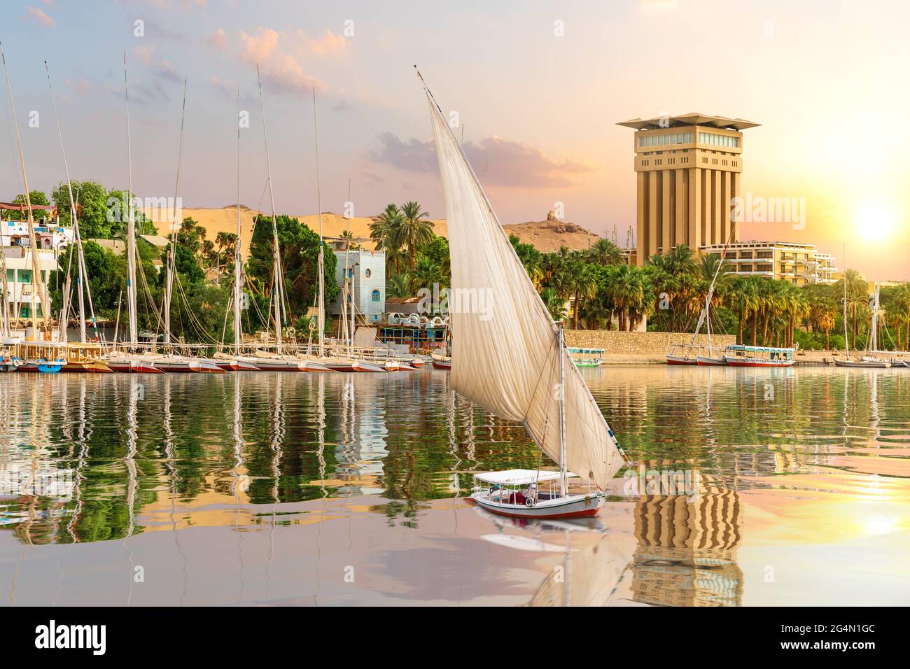 Aswan sunset view, fulucca on the Nile, Egypt Stock Photo - Alamy