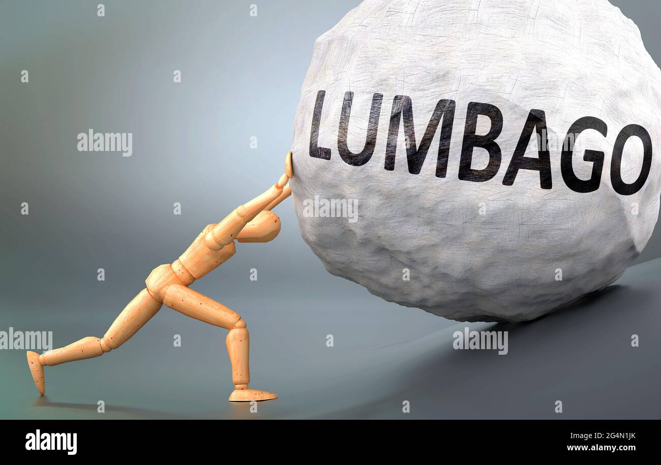 Lumbago and painful human condition, pictured as a wooden human figure ...