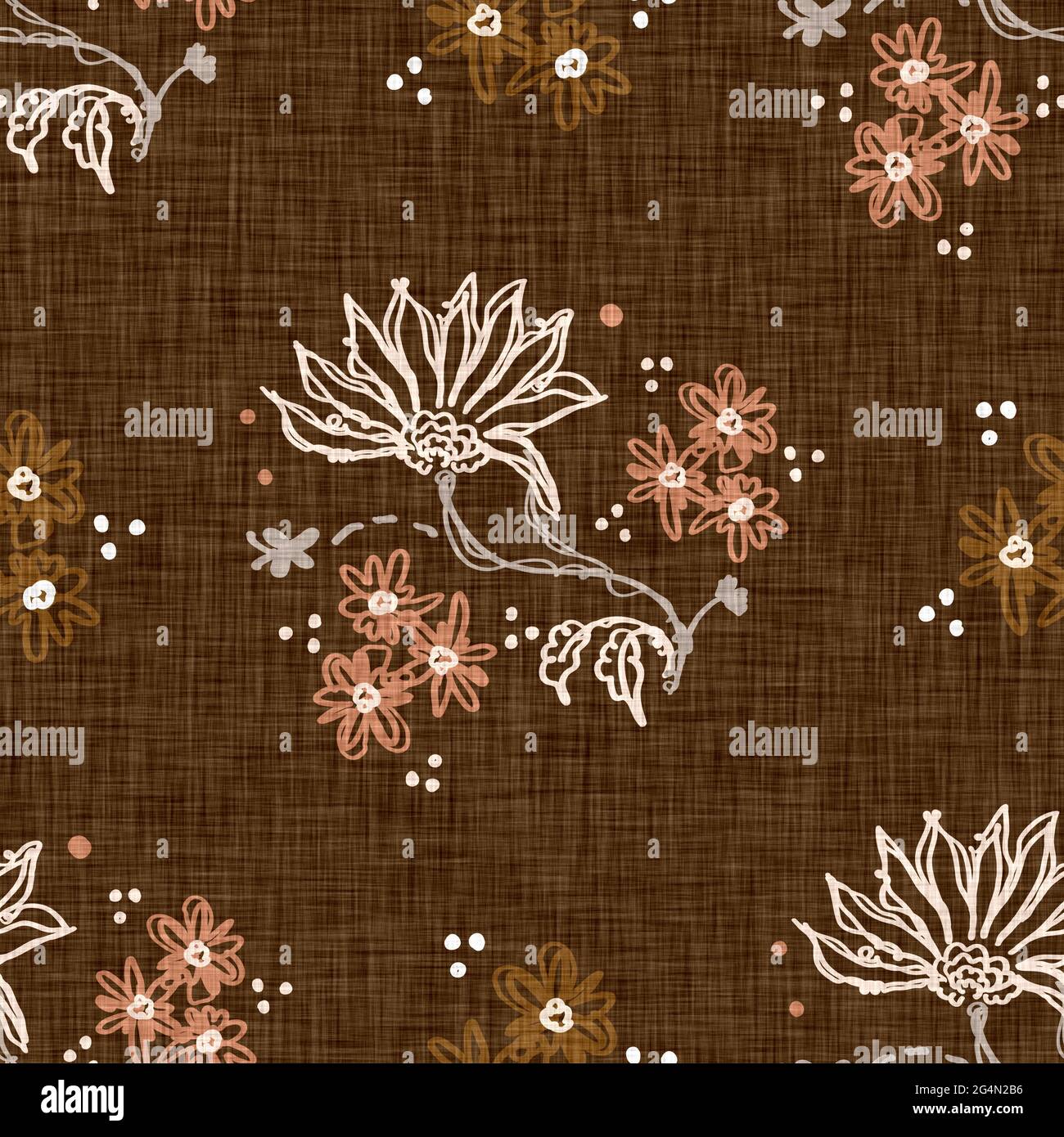 Seamless linen doodle floral pattern background. Calm boho earthy tone ...