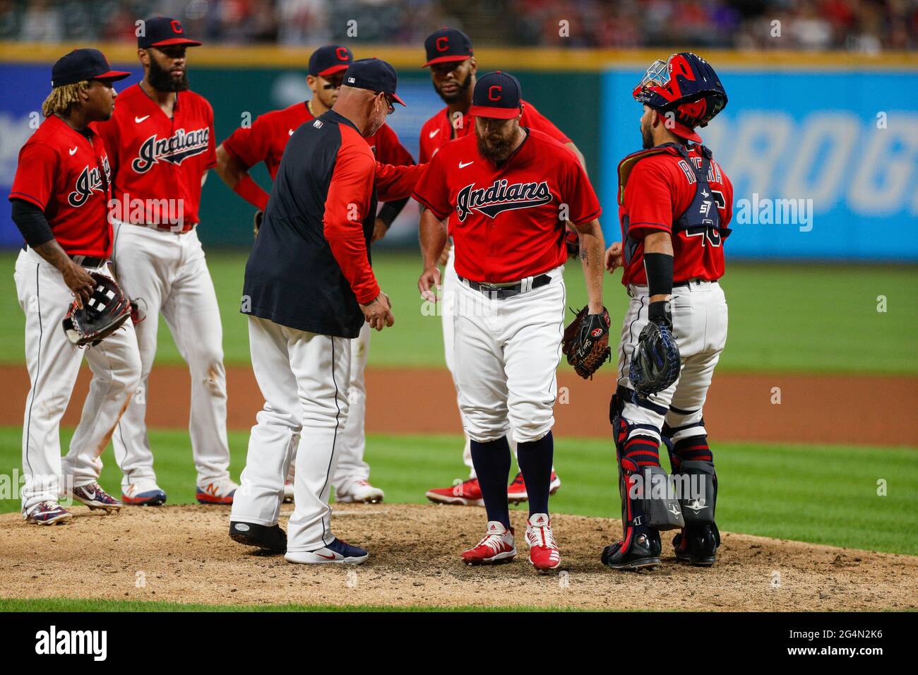 Cleveland Indians pitcher Bryan Shaw (27) leaves the game during an MLB ...