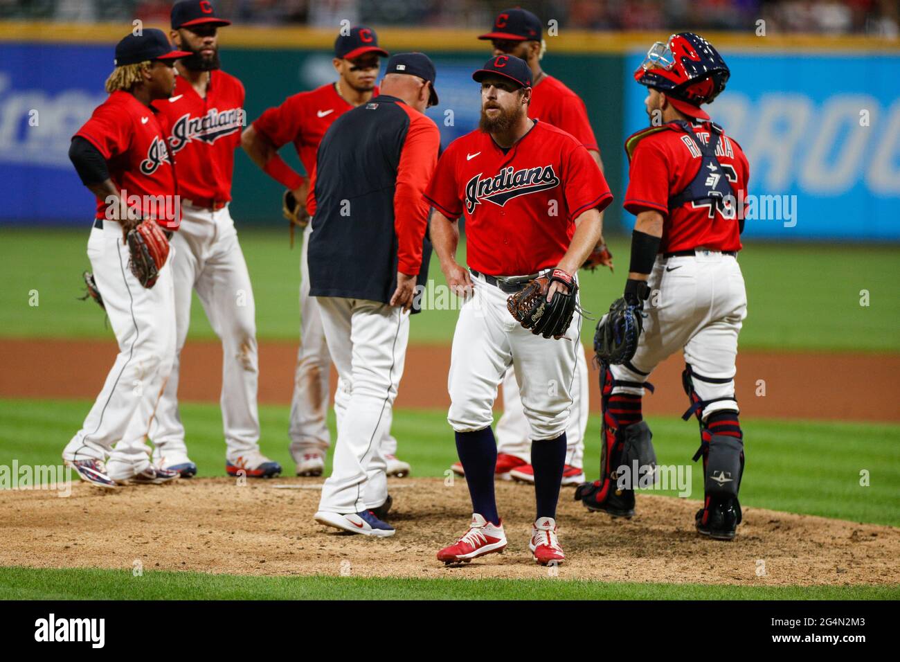 Cleveland Indians pitcher Bryan Shaw (27) leaves the game during an MLB ...