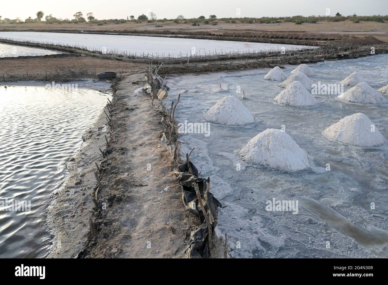 SENEGAL, Kaolack, salt works in saline, sea-salt pans in Saloum river ...
