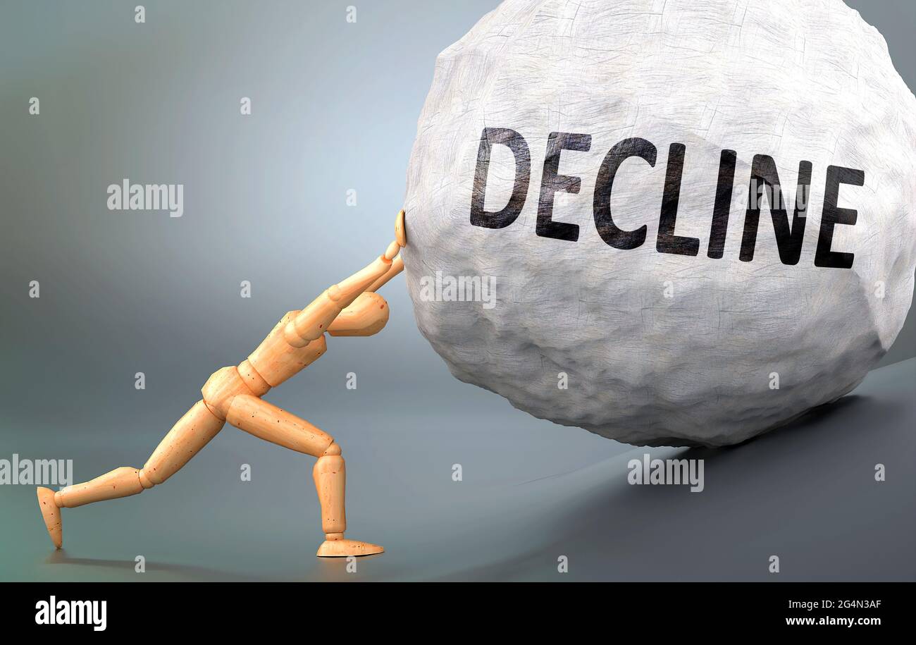 Decline and painful human condition, pictured as a wooden human figure ...