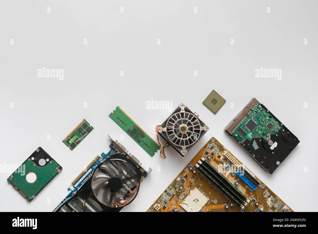 a view from above flat lay of computer components details on the ...
