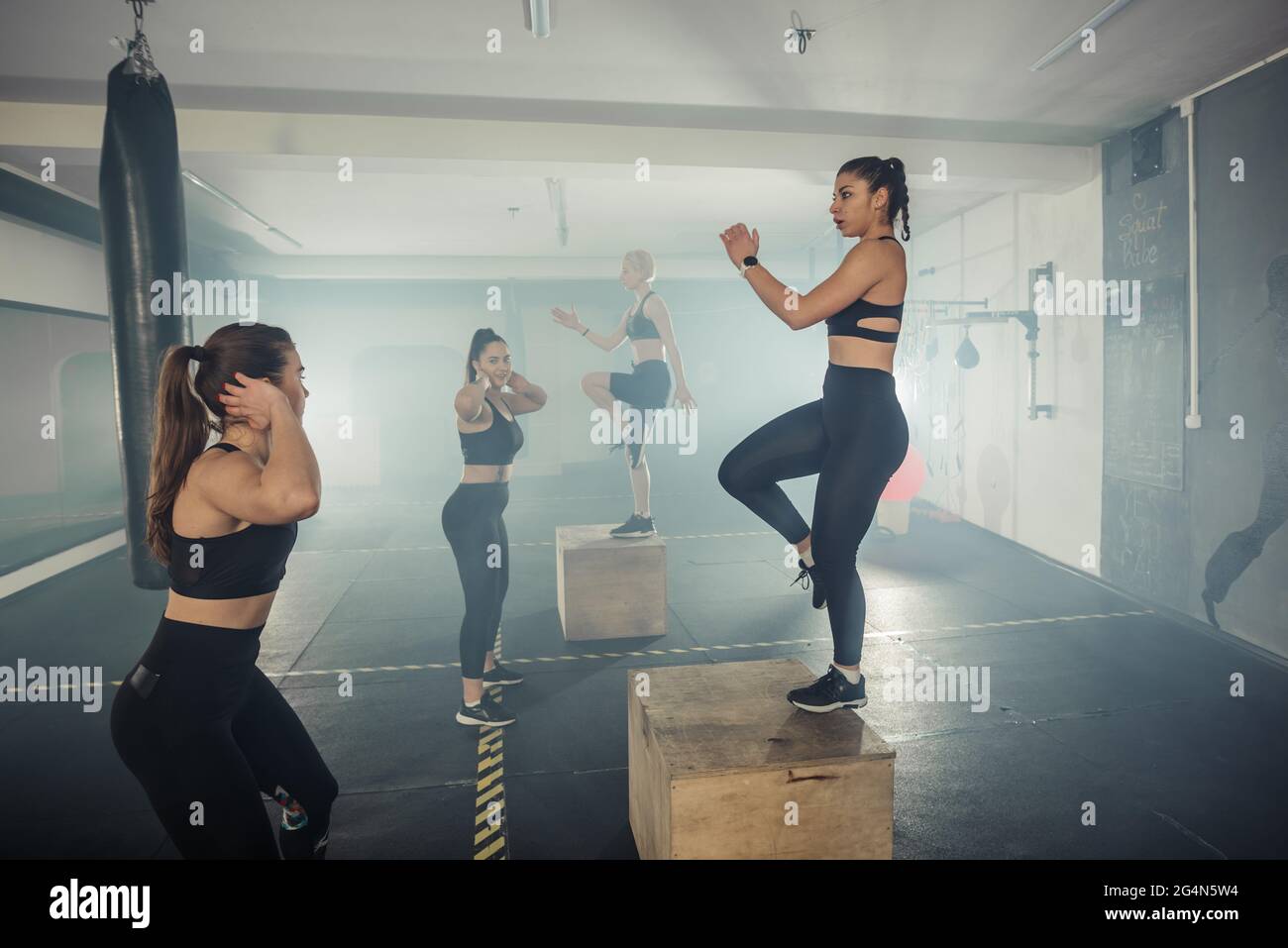 Fitness group of strong women having cross-functional training in the ...