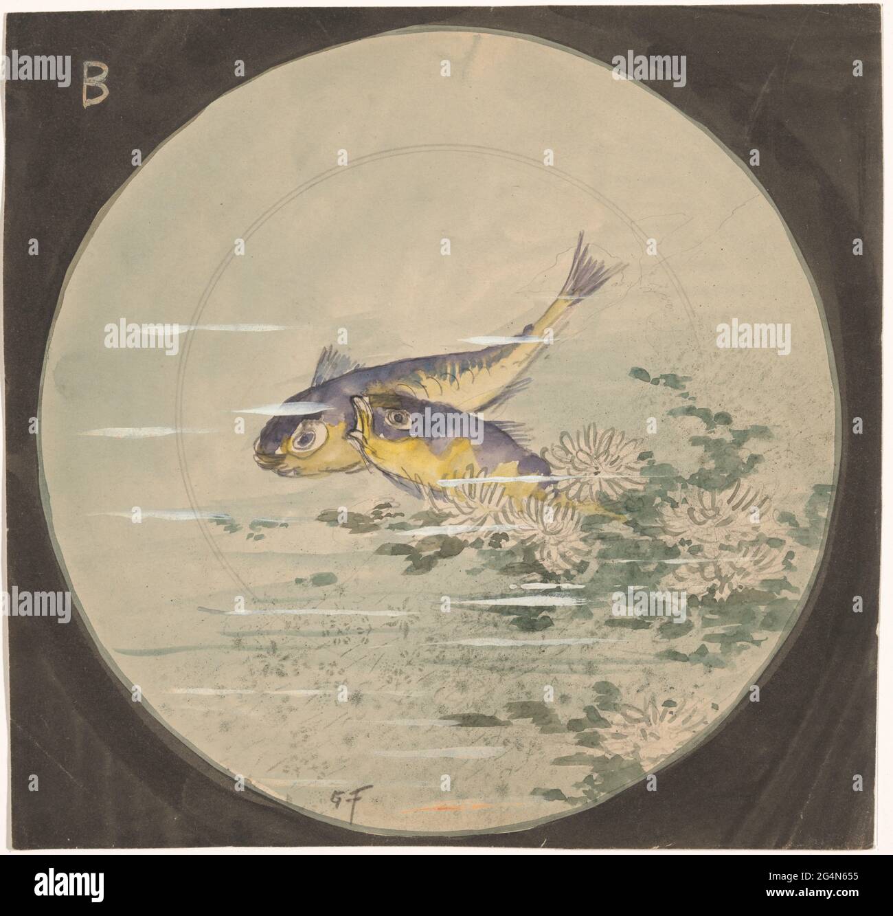 Design for a sign with two blue-yellow fish at water lilies Stock Photo ...