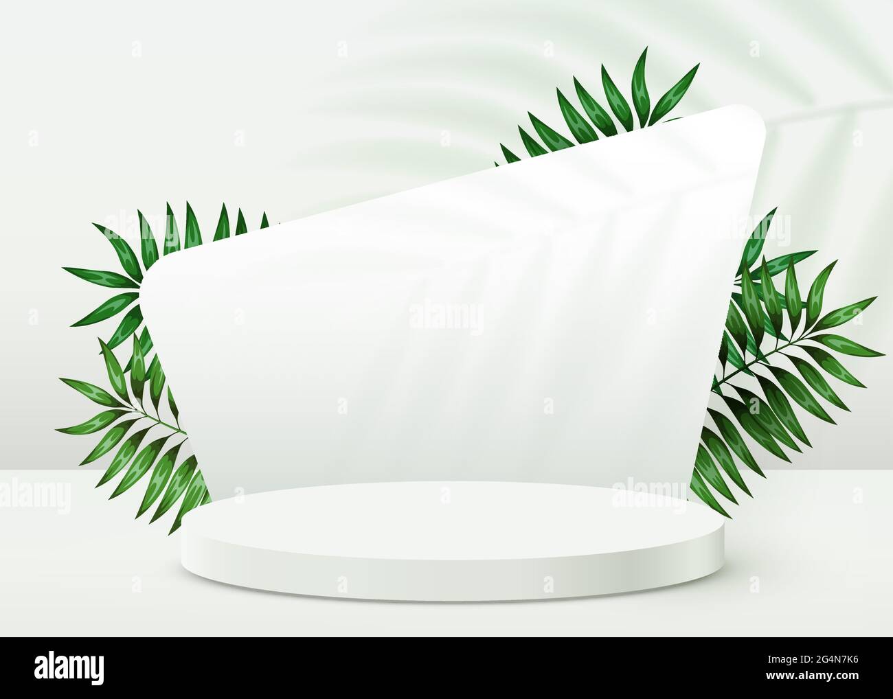 Abstract eco scene background. Cylinder podium with leaves on white ...
