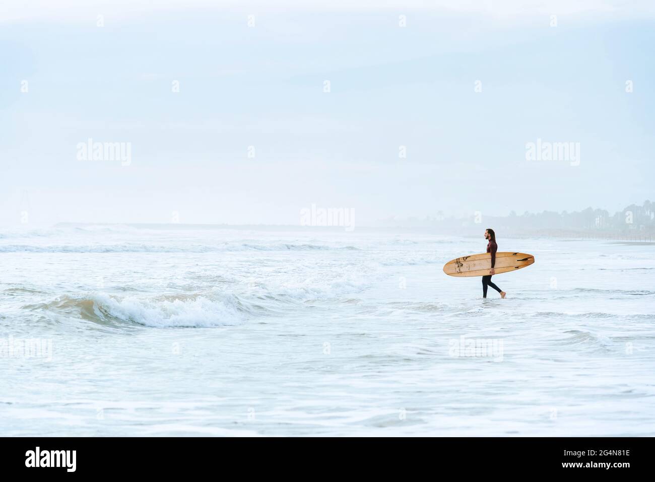 Side view of surfer man dressed in wetsuit walking looking away with ...