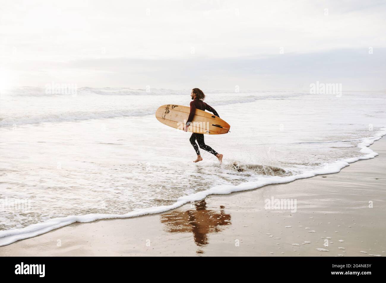 Side view of surfer man dressed in wetsuit running with surfboard ...