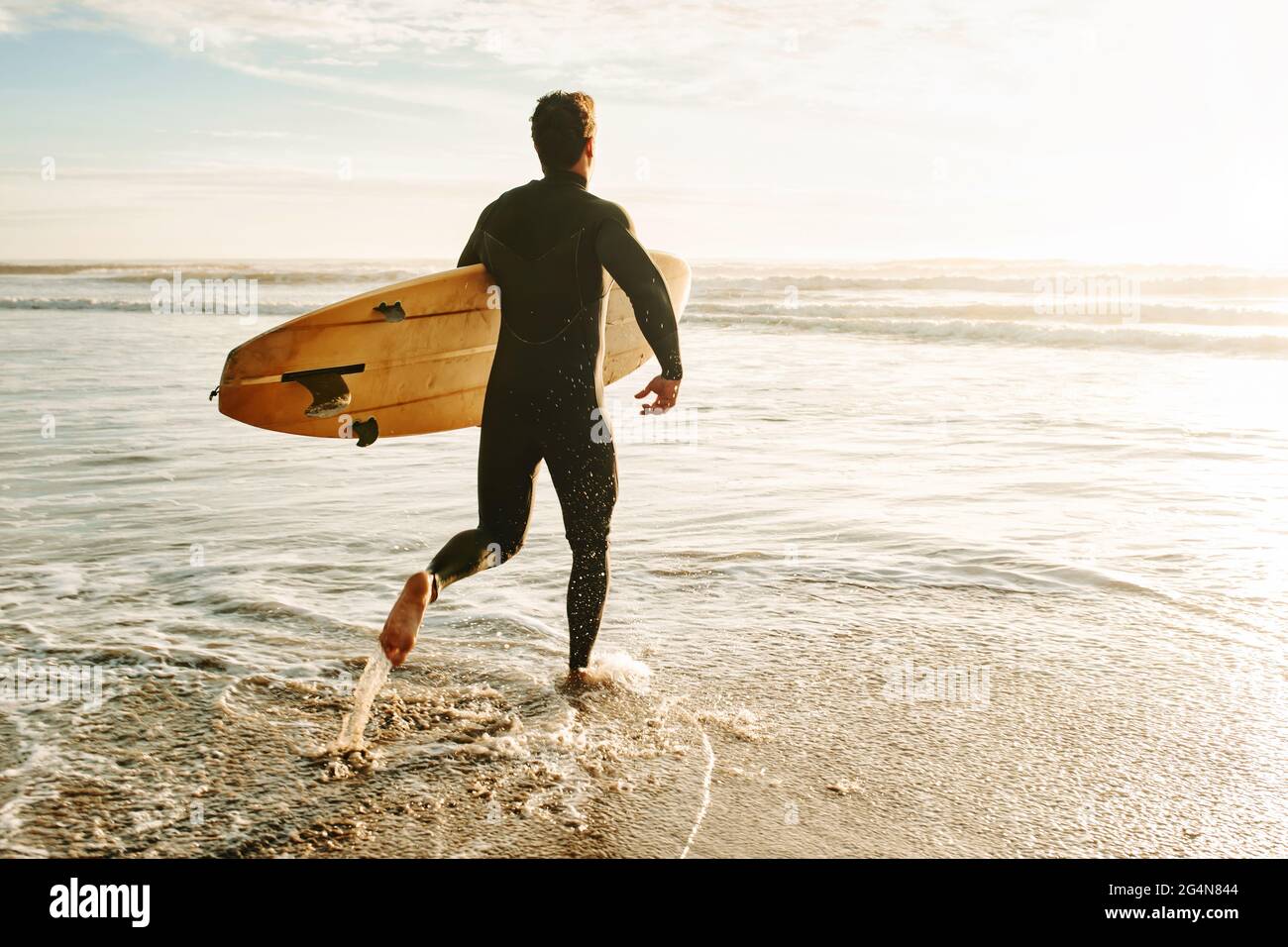 Back view of unrecognizable surfer man dressed in wetsuit walking with ...