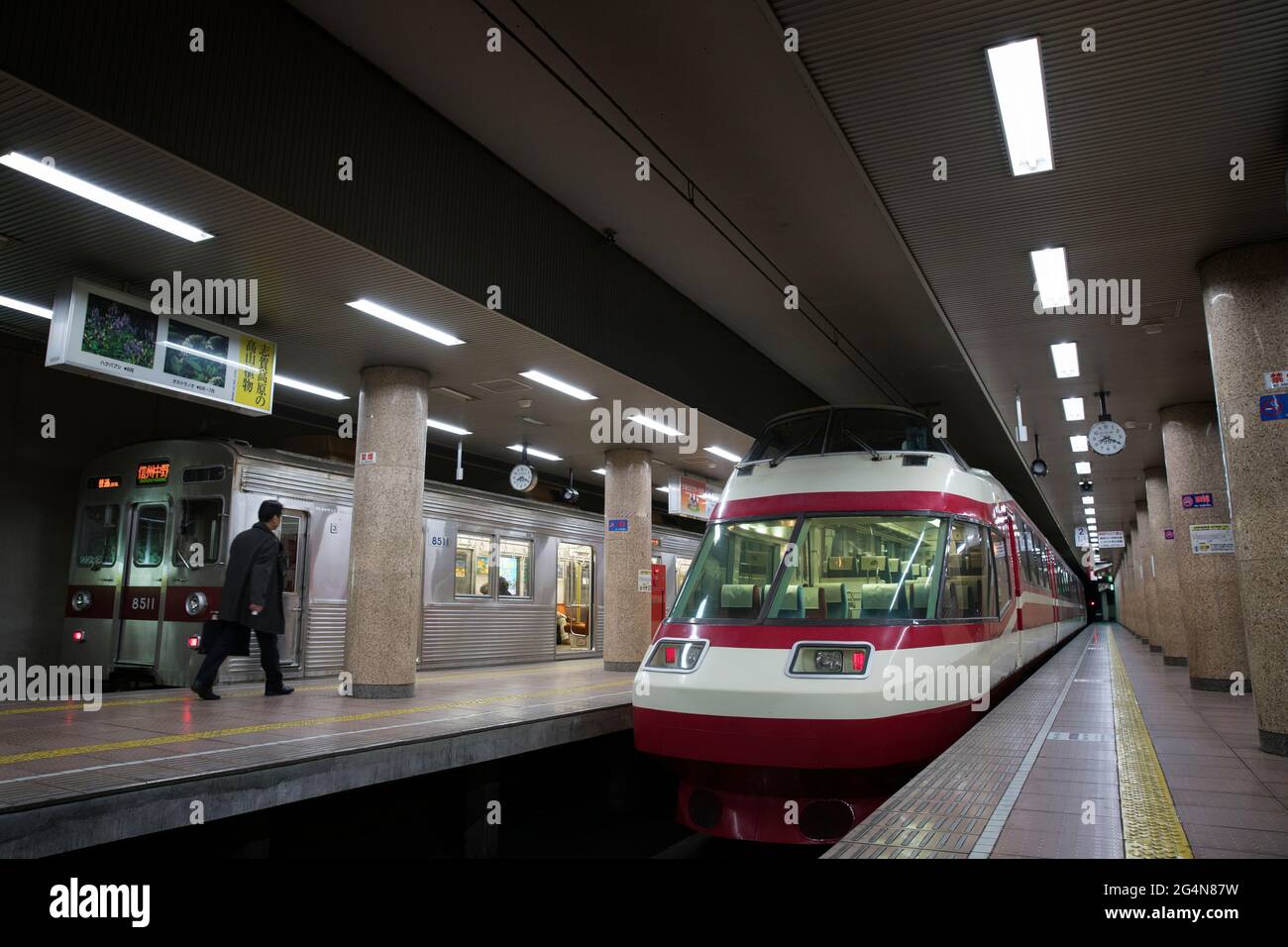 Double decker train at a train platfrom in Nagano, Japan Stock Photo ...