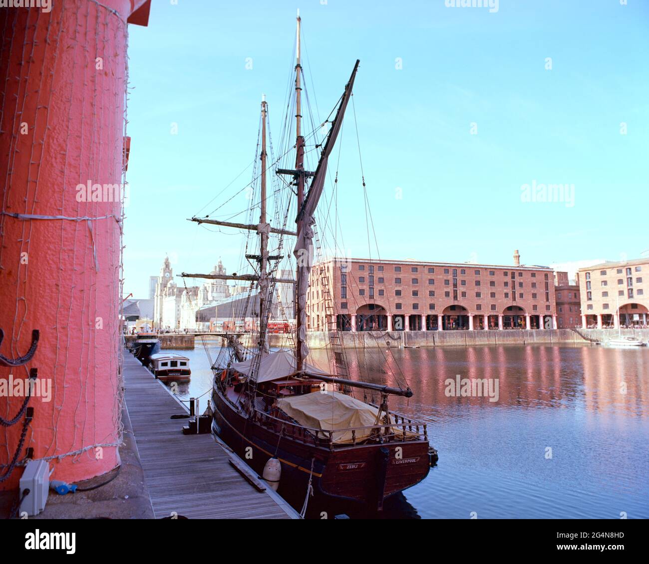 Liverpool, UK - 25 April 2021: A classic wooden brig in Albert Dock ...