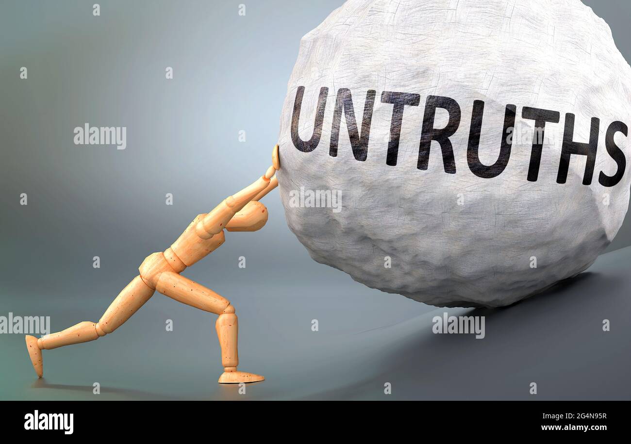 Untruths and painful human condition, pictured as a wooden human figure ...