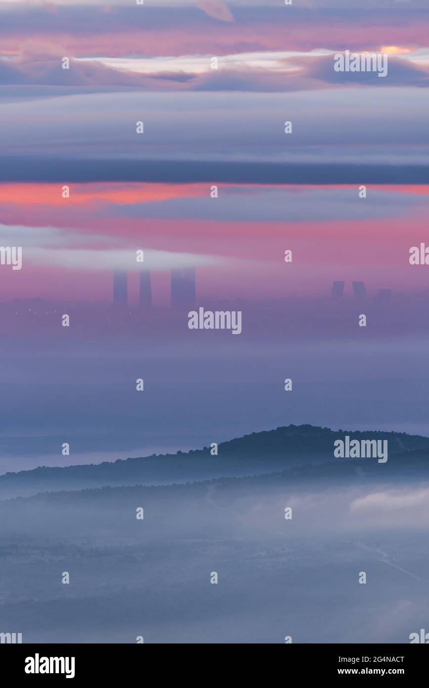 Aerial view of modern skyscrapers of Cuatro Torres in madrid and ...