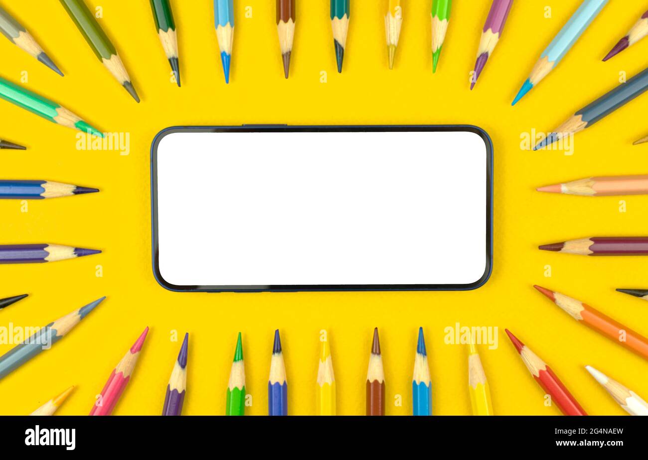 Study mockup background with modern mobile phone blank white screen and ...