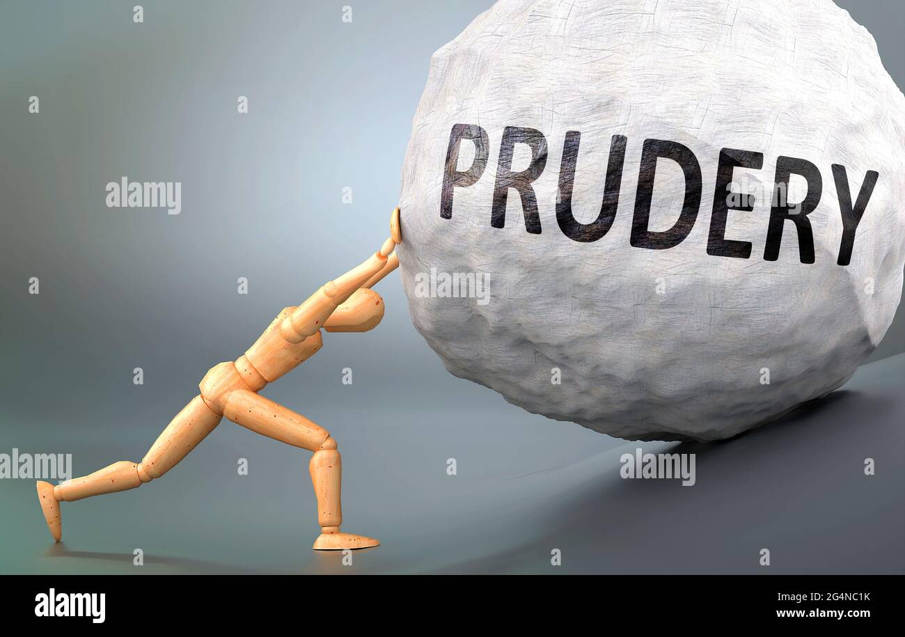 Prudery and painful human condition, pictured as a wooden human figure ...