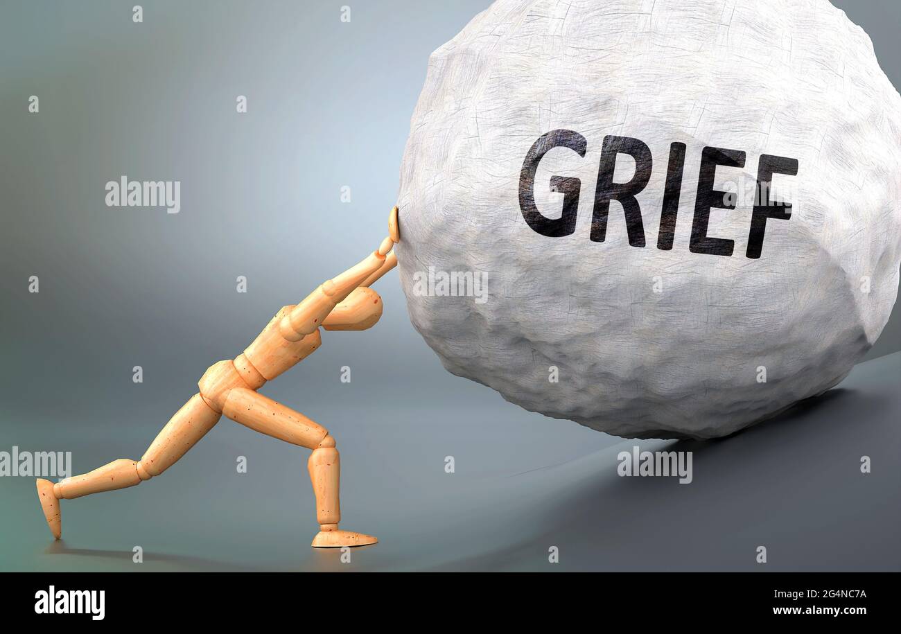 Grief and painful human condition, pictured as a wooden human figure ...