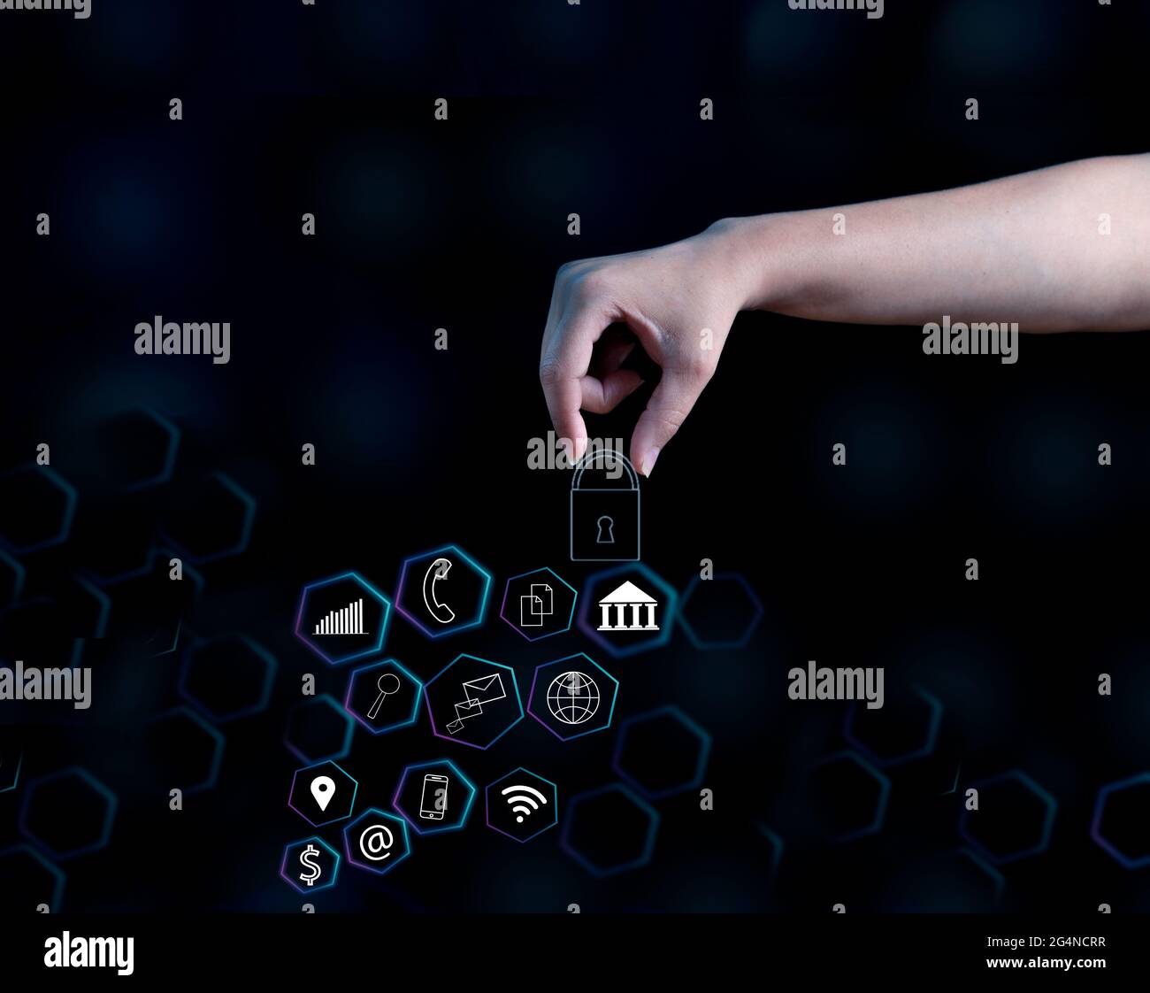 woman's hand holding cyber security padlock concept on future network ...