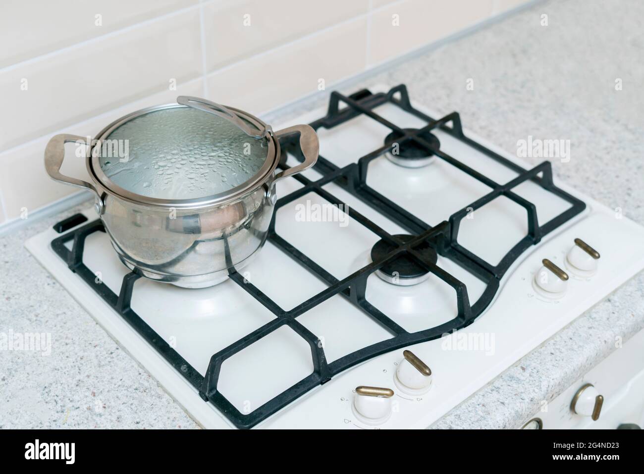 a simple single pot with boiling water while cooking at home on the ...