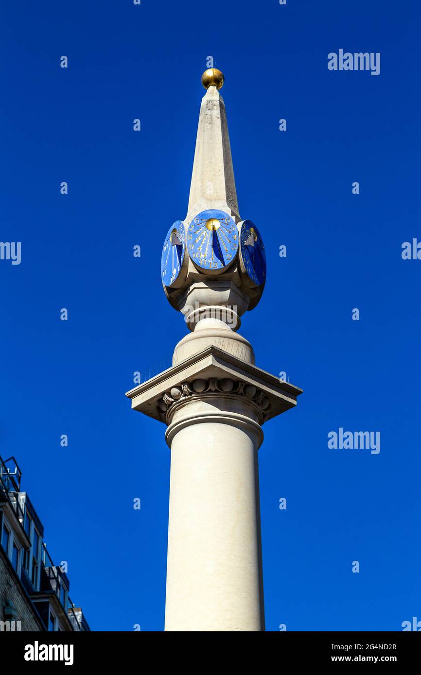 Close-up of the sundial pillar at Seven Dials, Covent Garden, London ...