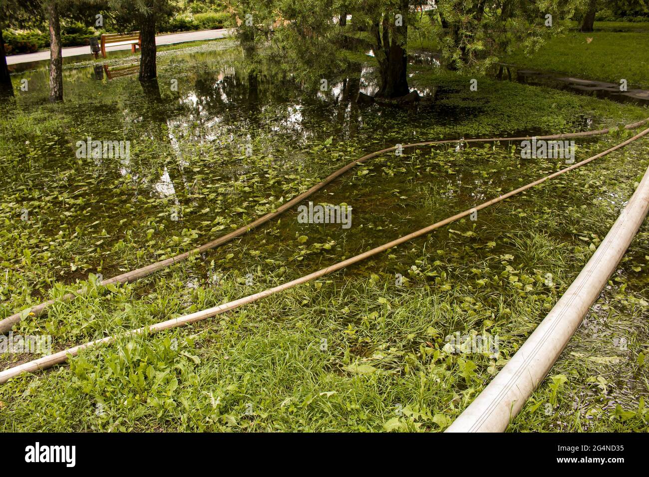 Public park drenched in rain. Water logged park.Wet benches. Park ...