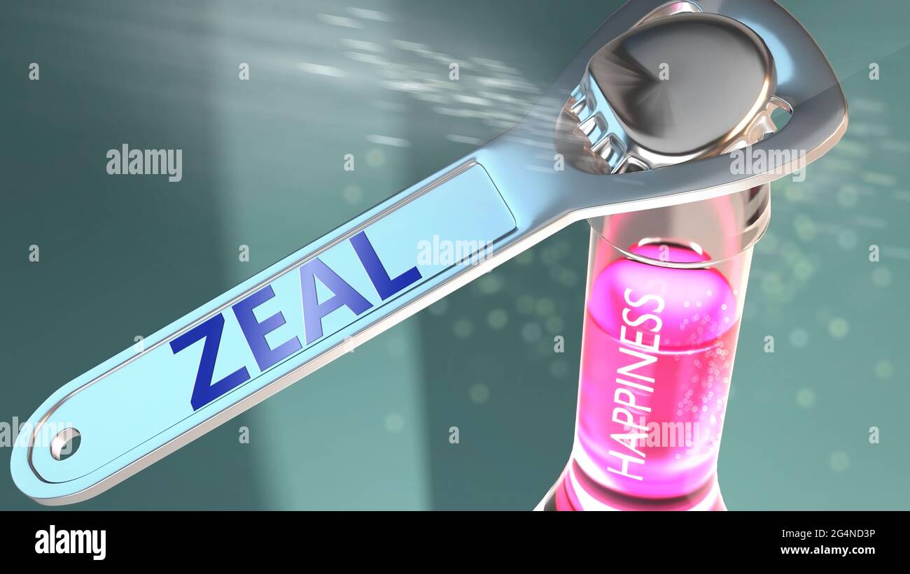 Zeal open the way for happiness and brings joy - shown as a happy bottle opened by Zeal to ...