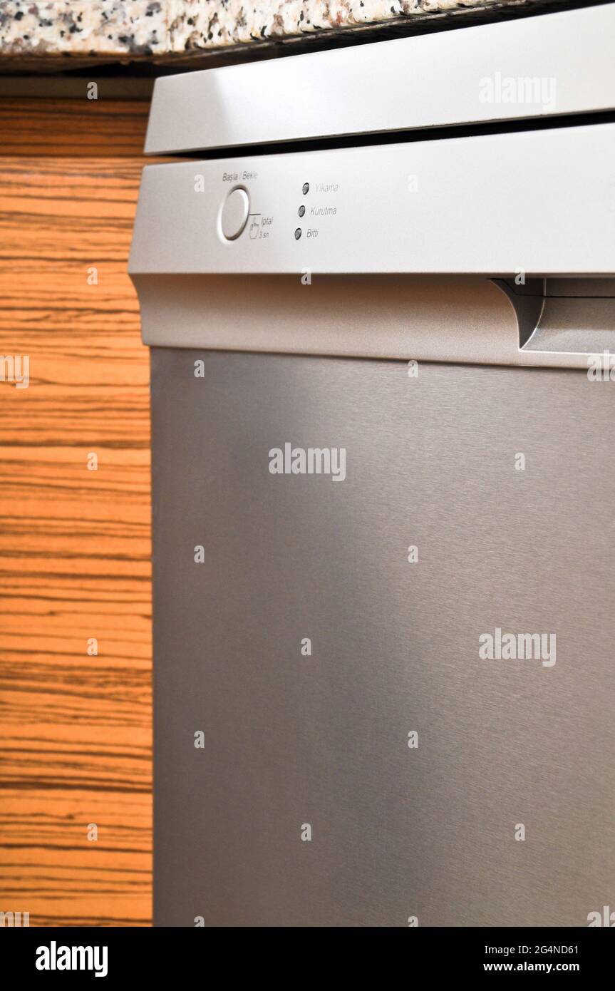 Stainless steel dishwasher in a modern kitchen, dishwasher detail Stock ...