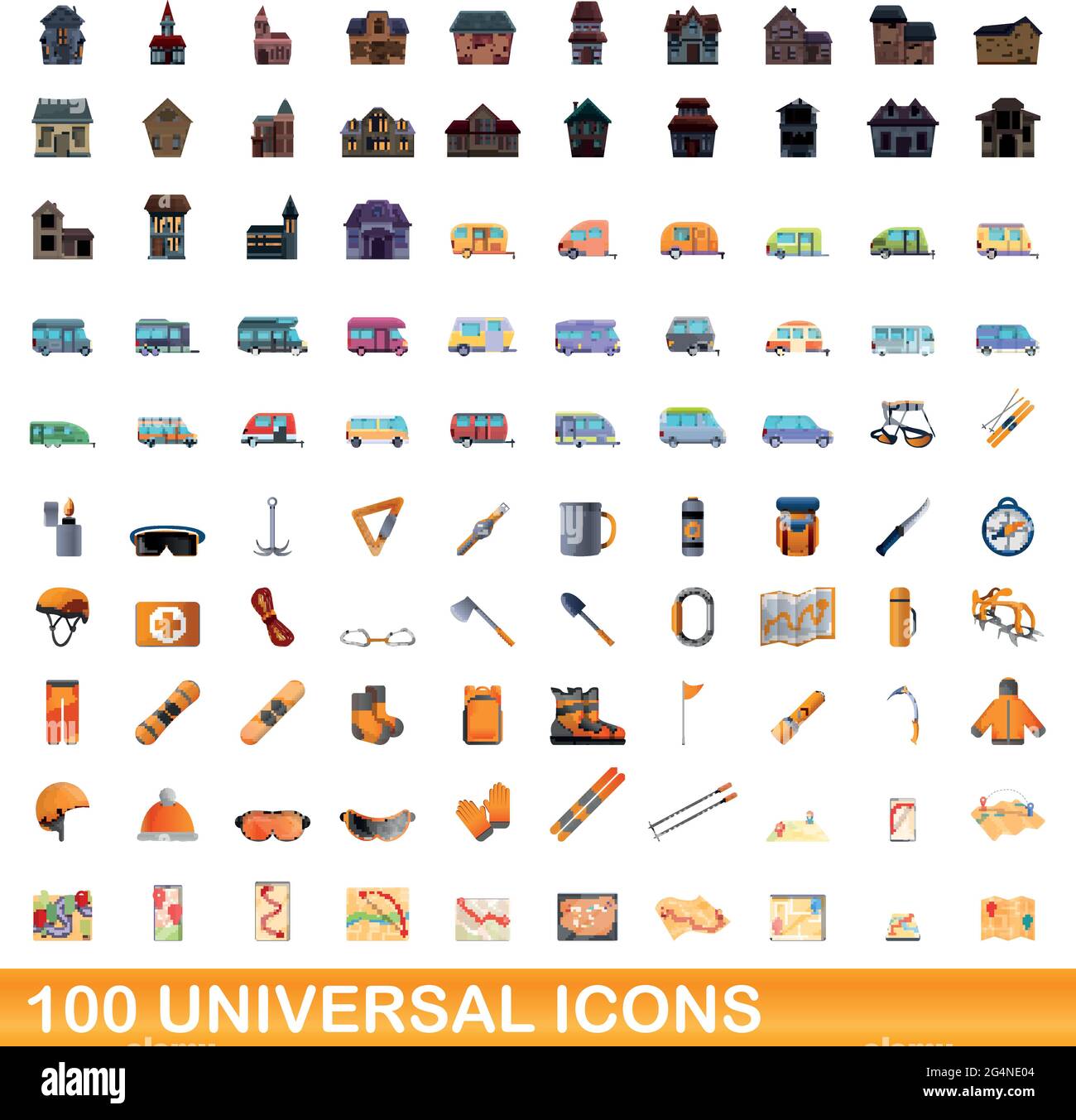 100 universal icons set. Cartoon illustration of 100 universal icons ...