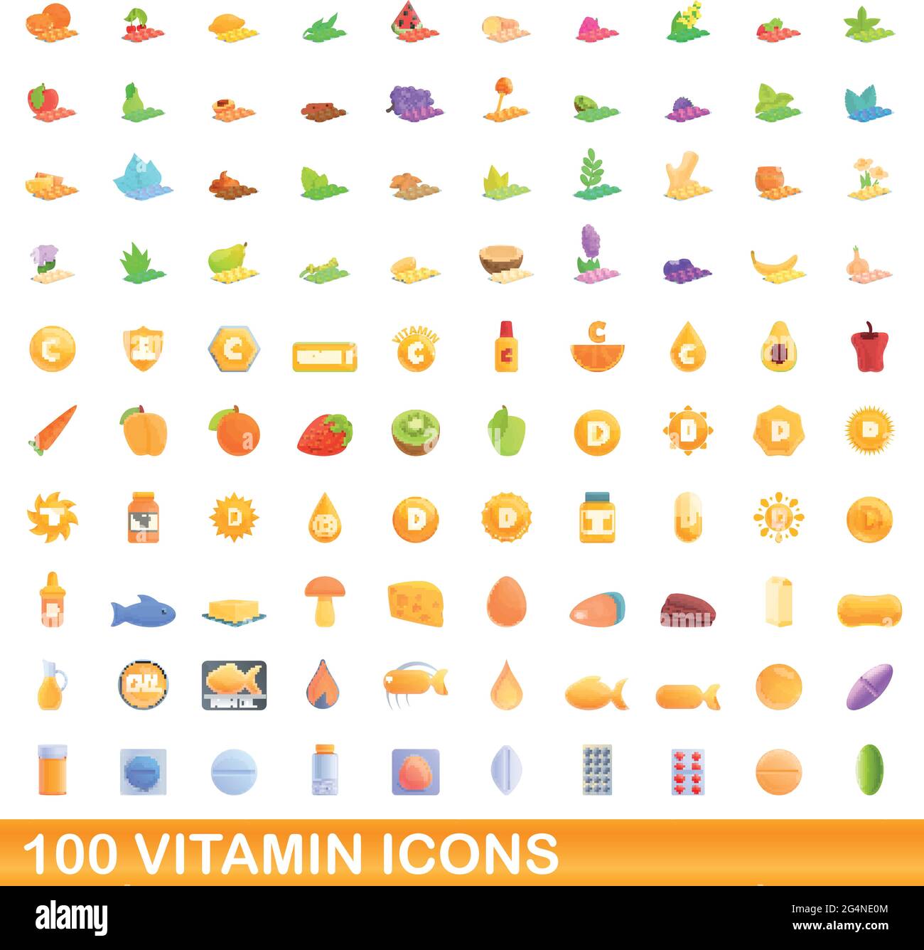 100 vitamin icons set. Cartoon illustration of 100 vitamin icons vector ...