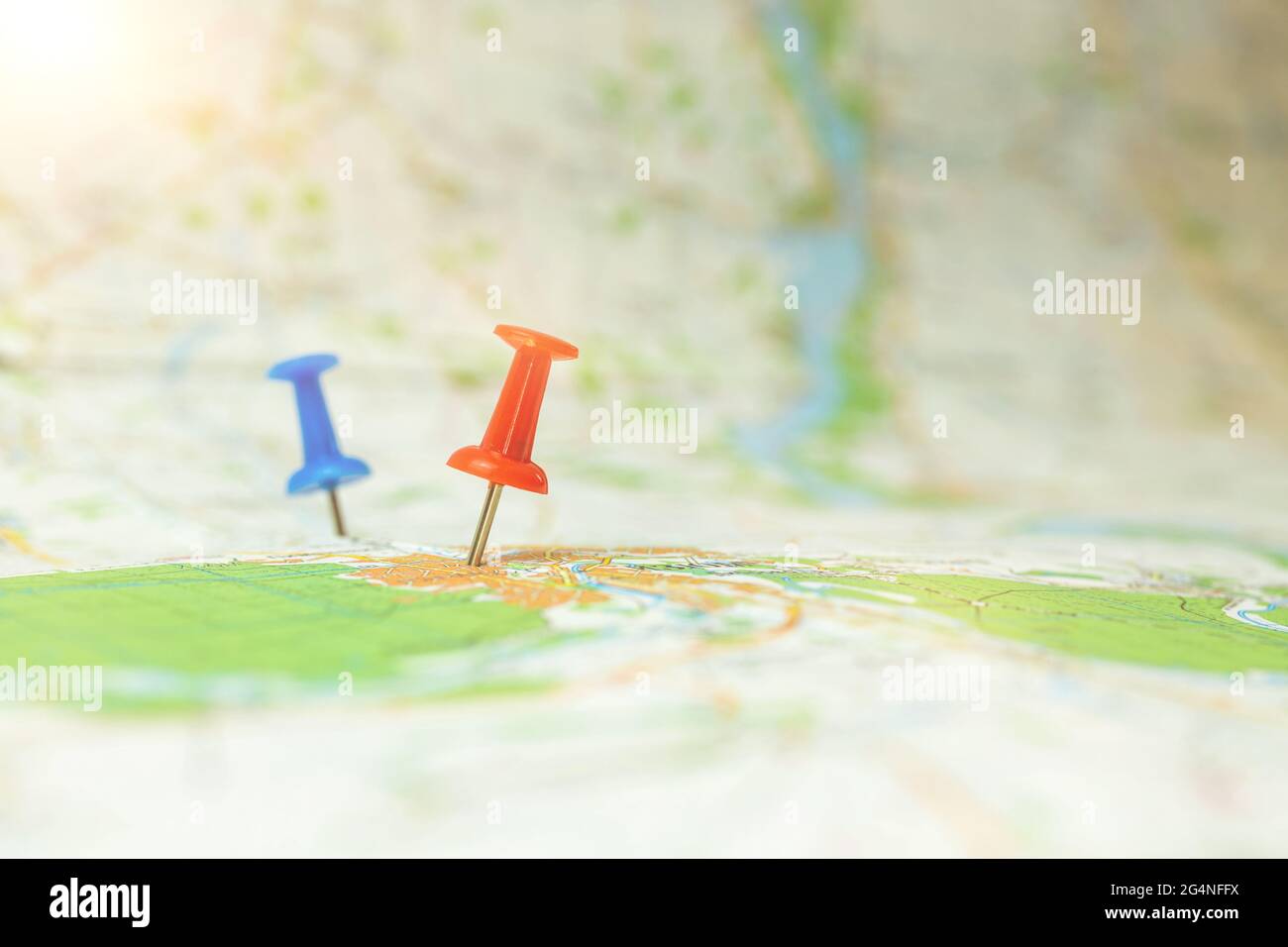 Travel map background with red and blue pin, red point marker concept ...