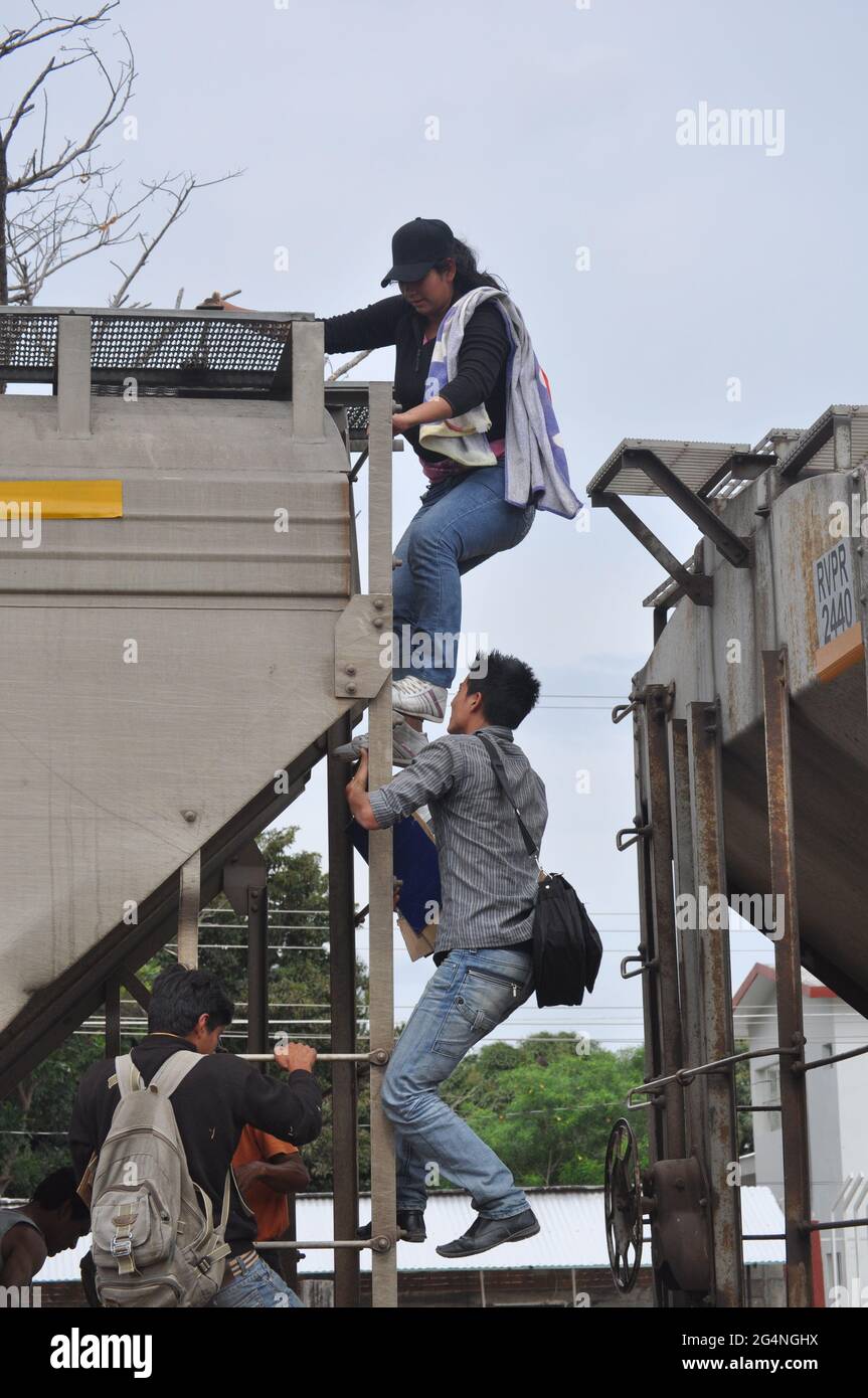 Central Americans climbing the train known as La Bestia, The Beast, for ...