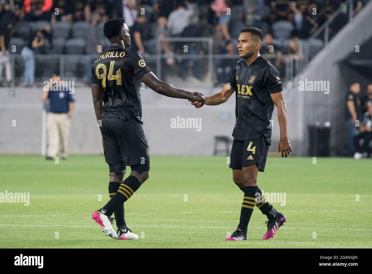 Los Angeles FC defender Jesus Murillo (94) and defender Eddie Segura (4) congratulate each other ...