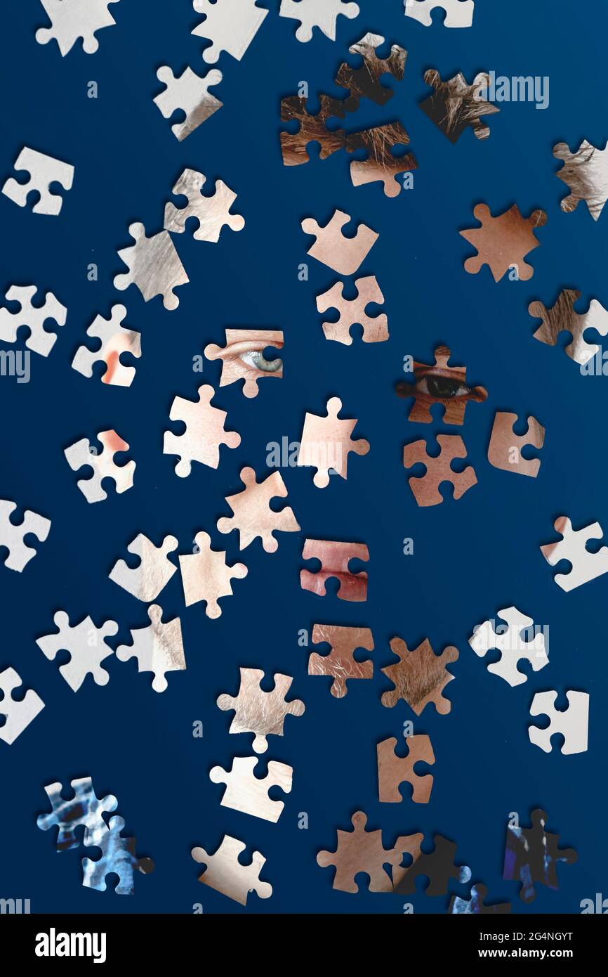puzzle with a image of young male face, stress and mind problems flat ...