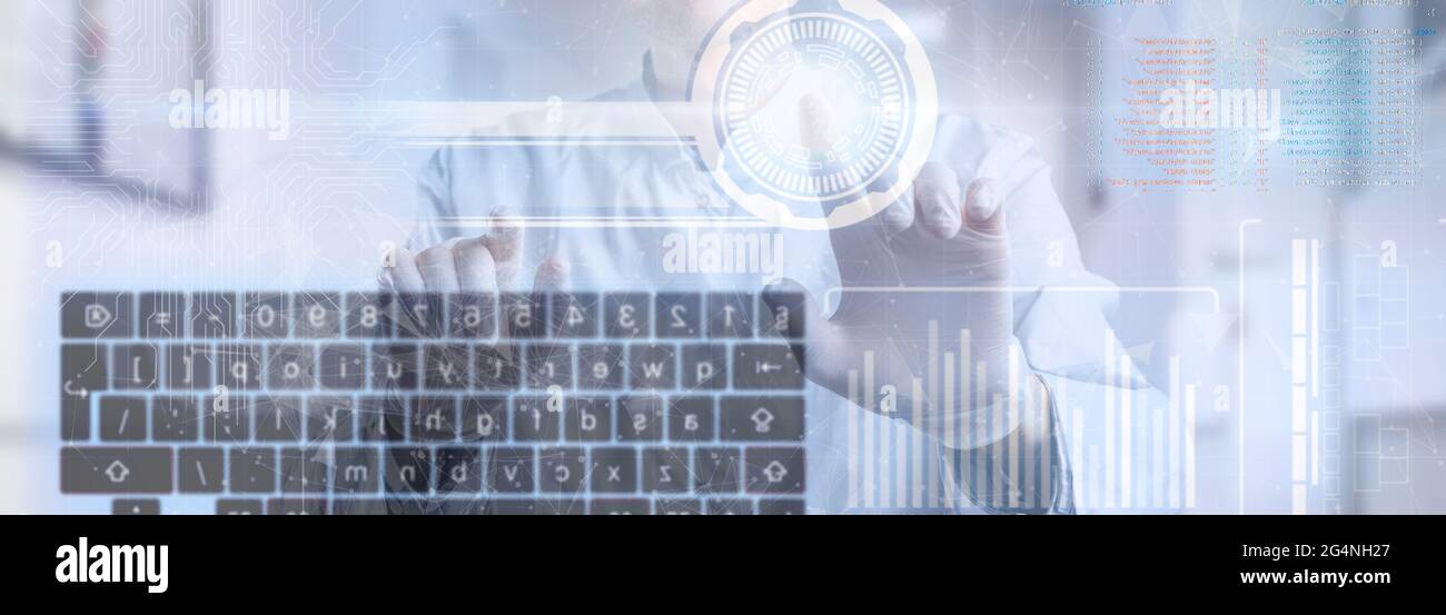 the professional doctor using futuristic AR interface hud, hand touch ...