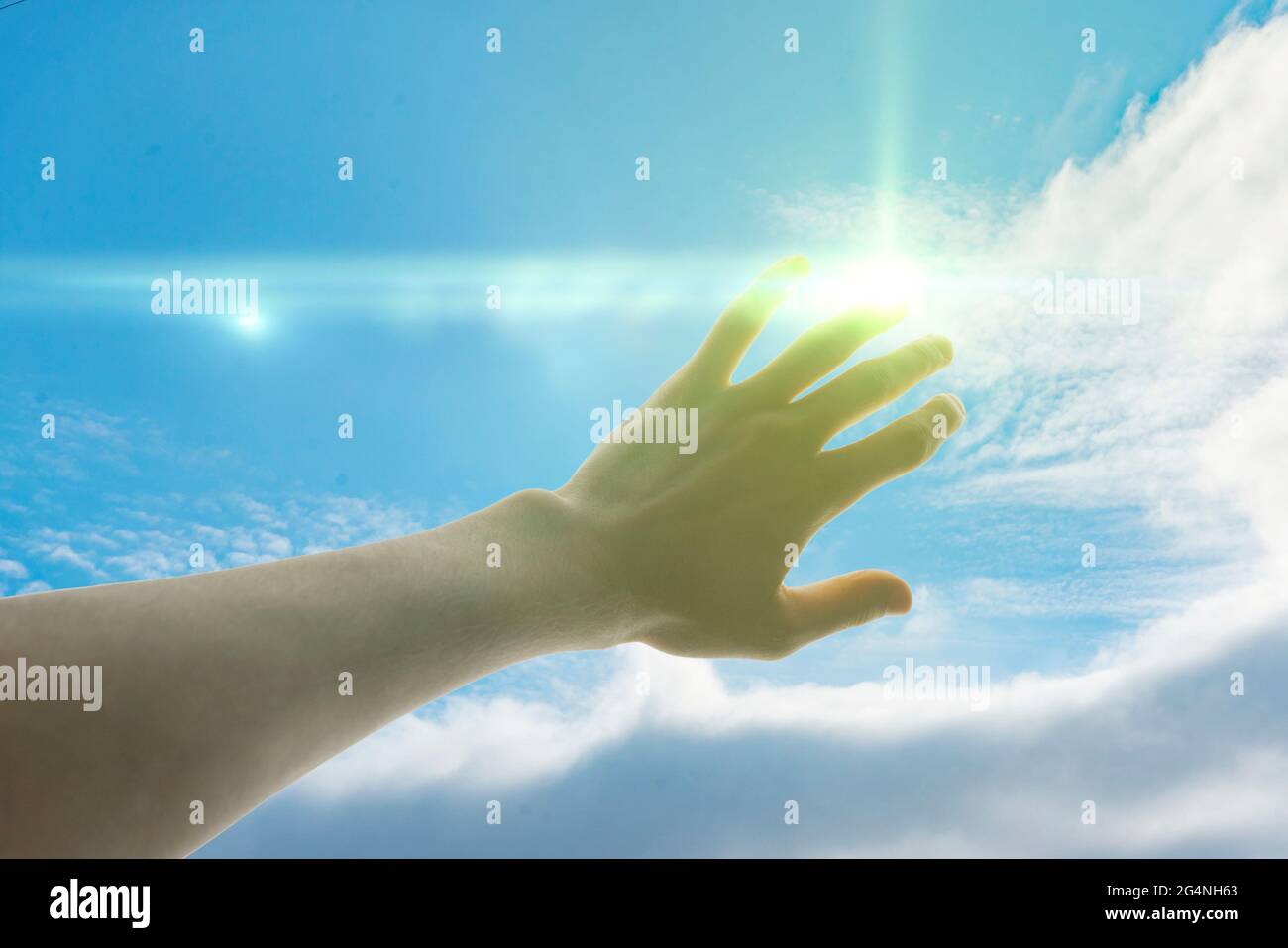 human hand cover himself from the sun light strike from the sky, first ...