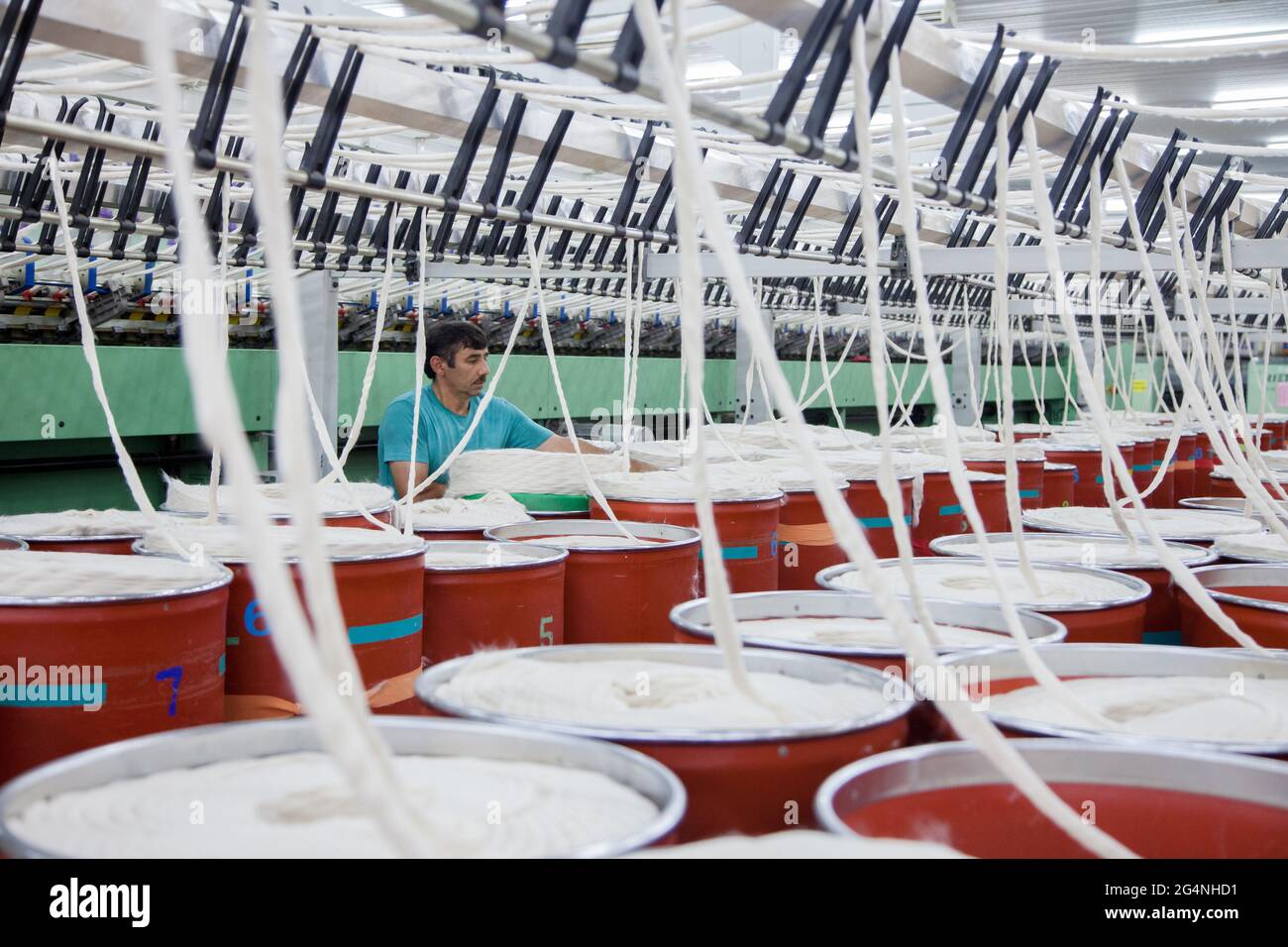 Istanbul / Turkey - 08/26/2014: An unknown worker working in a textile ...