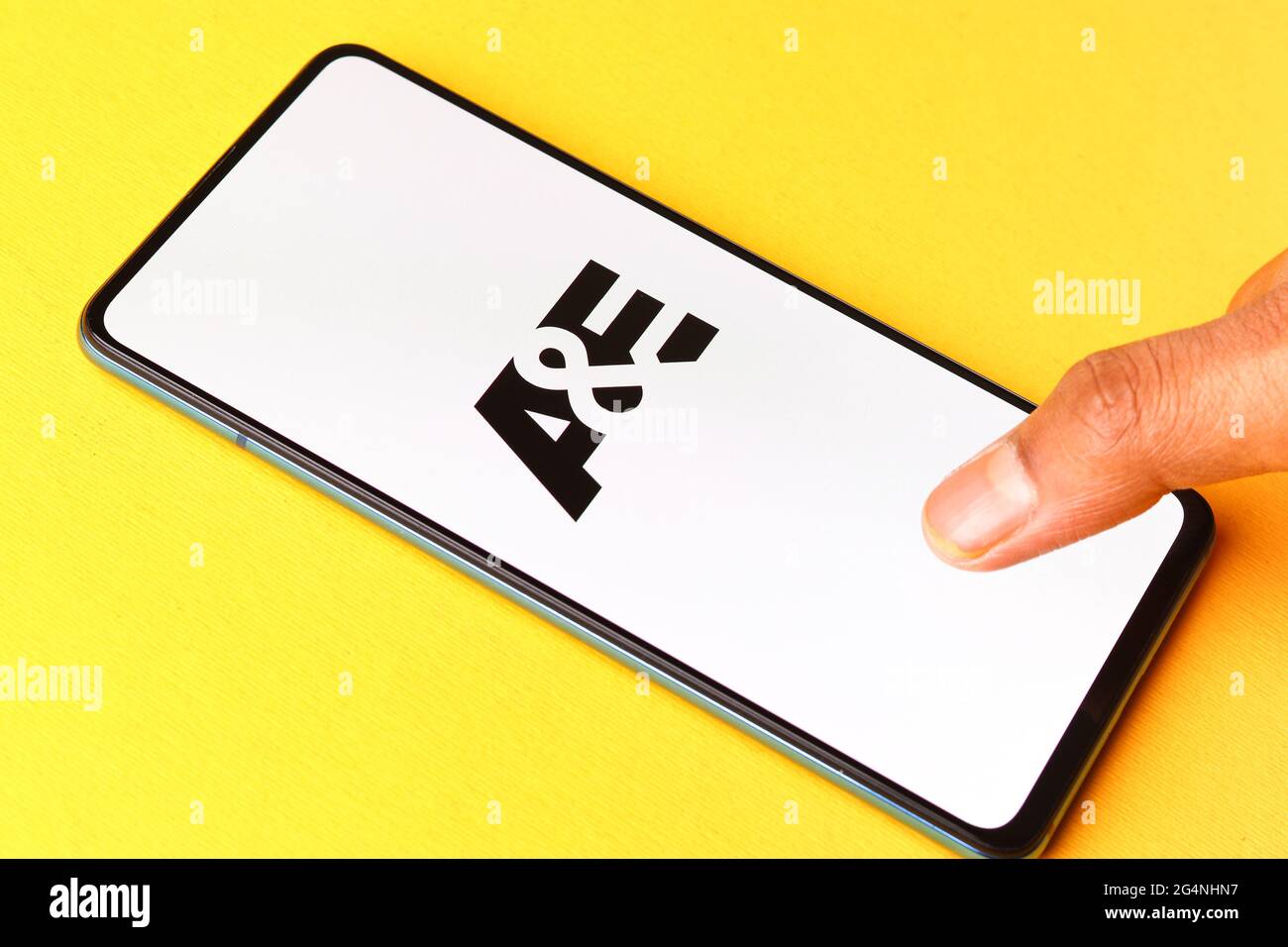 A and E Network logo on phone screen stock image Stock Photo - Alamy