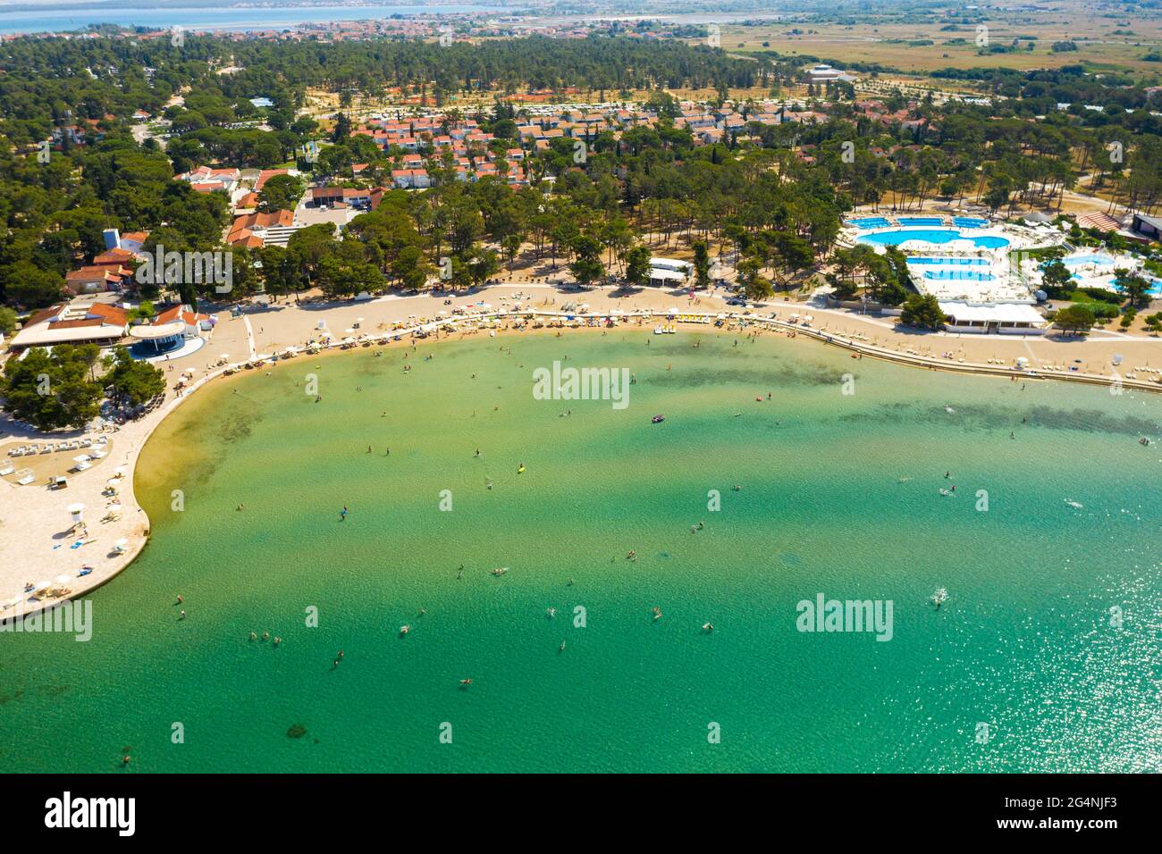 Aerial view of the beach with a swimming pool in Zaton Resort, Croatia ...